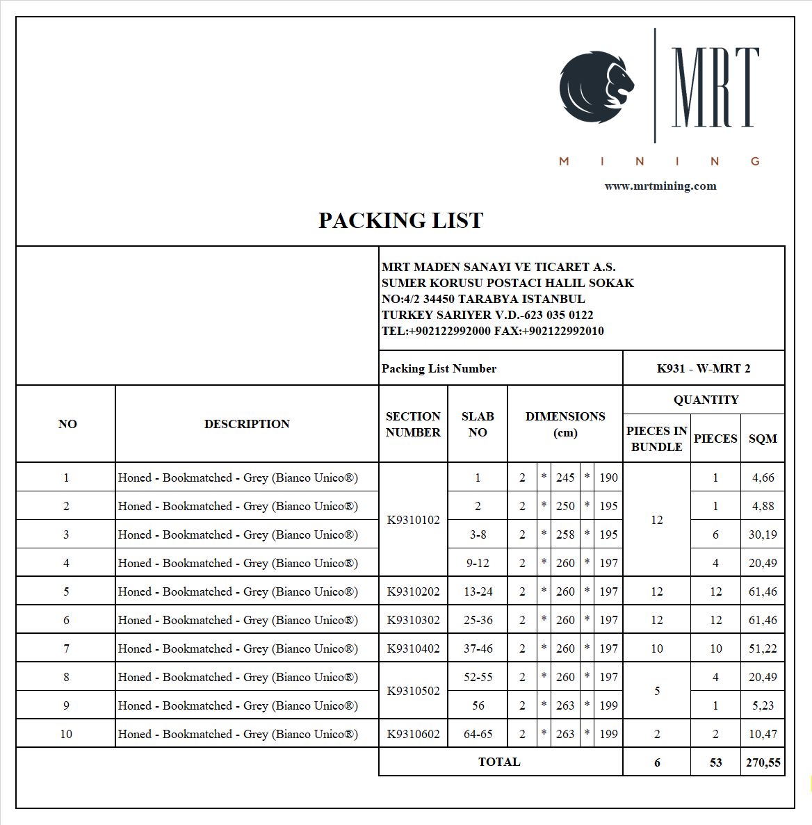 K931 – Packing List – MRT Slabs
